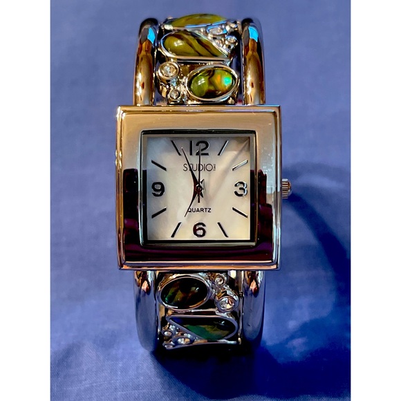 Accessories | Studio Time Watch Silver Toned Cuff Band Mother Of Pearl ...